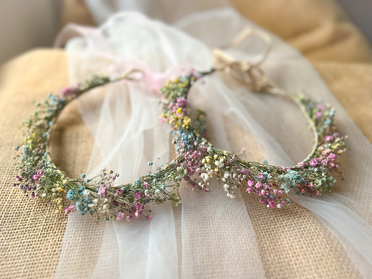 Rainbow Flower Wreath, Colourful Babys Breath Flower Girl Halo Crown G ...